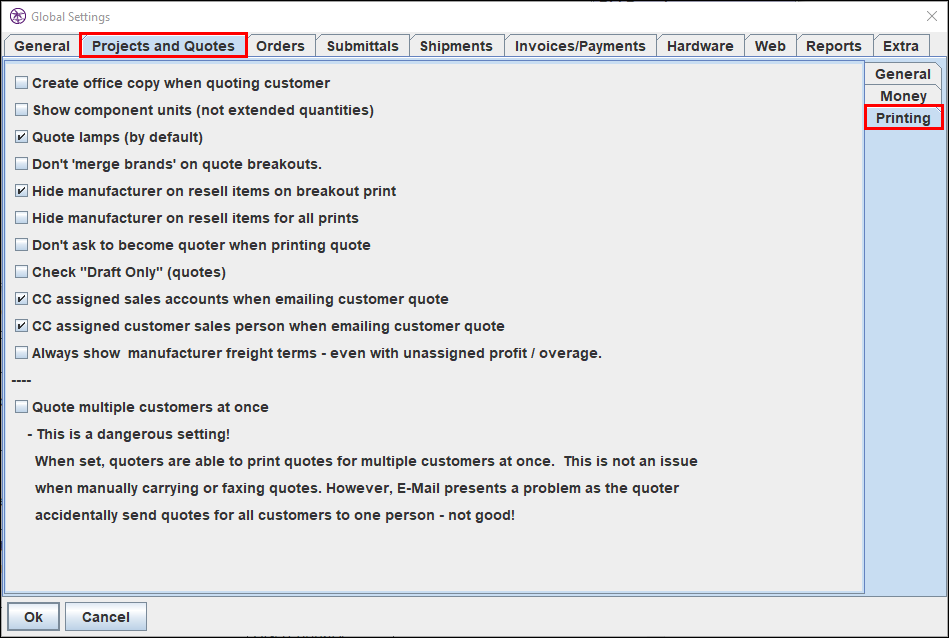 Projects and Quotes Global Settings – Ingen Software